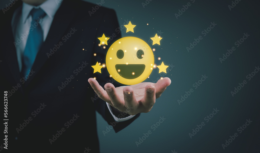 Male customer hand holding 5 star service rating icon service exceeds ...