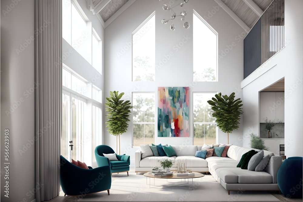 A cozy bright spaceous living room filled with abstract art white walls ...