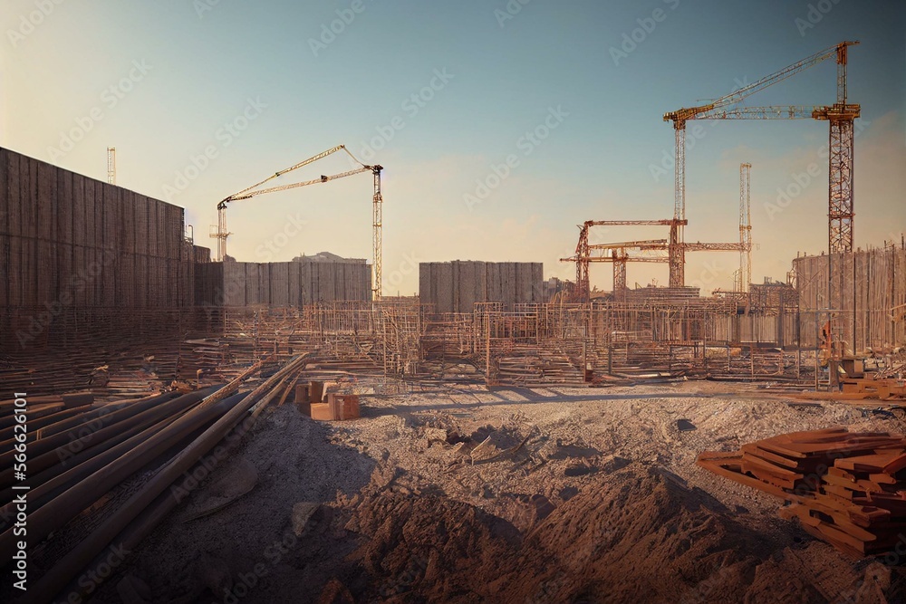 Building materials at a construction site. Prepared materials and embedded parts for foundations ...