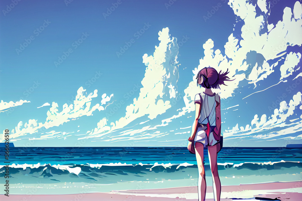 dreamy girl with wind in hair looking at the sky, anime digital art ...