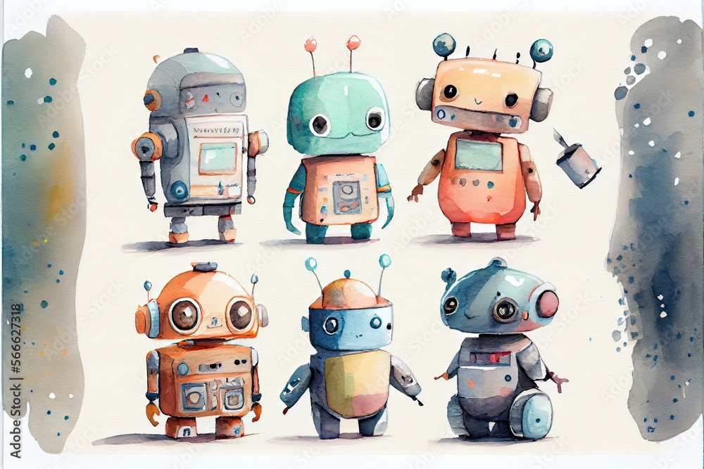 Generative AI illustration of a cute robot collection on white ...