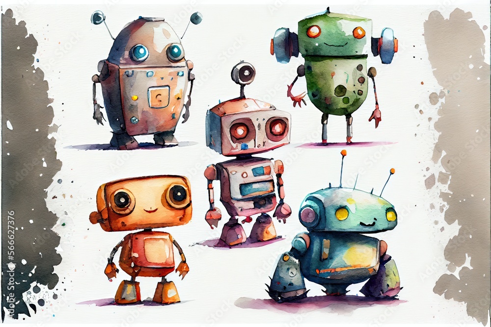 Generative AI illustration of a cute robot collection on white ...