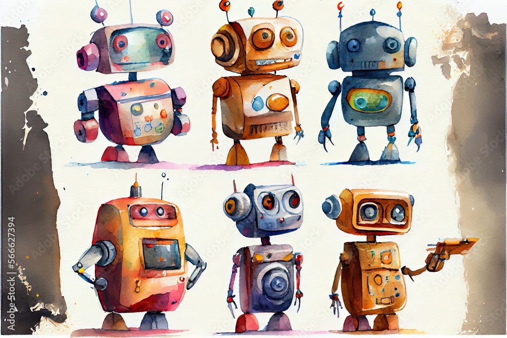 Generative AI illustration of a cute robot collection on white ...