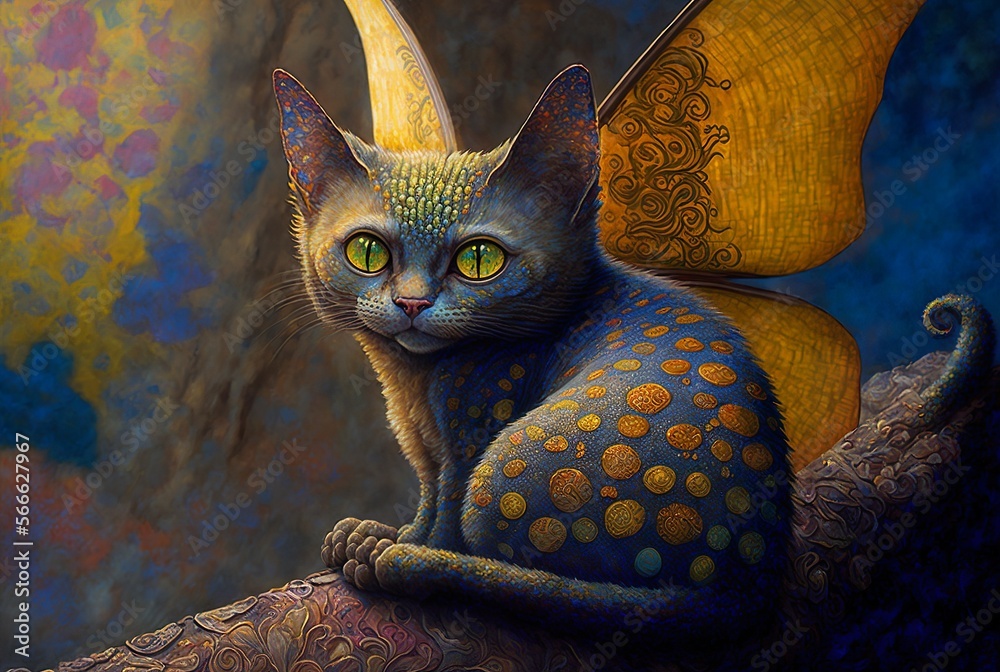 Fine Art Pointillism, Adorable Cat Dragon with Butterfly Wings ...