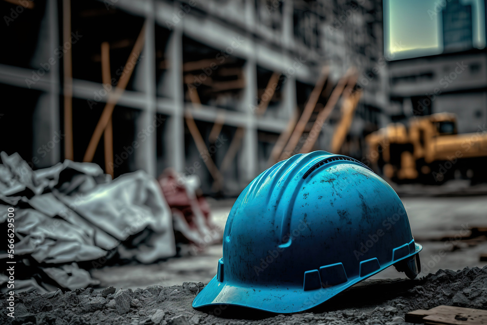 A blue safety helmet or hardhat, construction worker PPE, is placed in ...