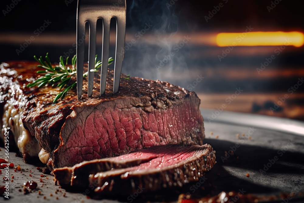 A big piece of medium-rare beef steak is served in wooden plate and ...
