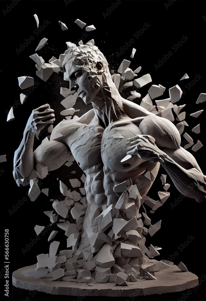 Generative AI illustration of realistic stone man sculpture broken and ...