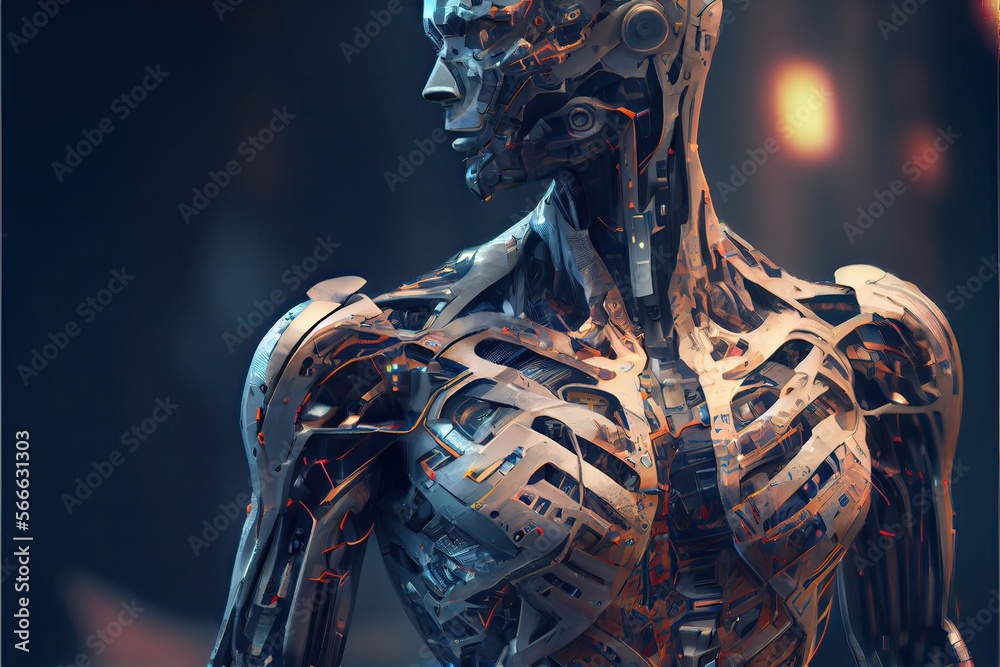 Generative AI illustration of robot turning human still have skin, into ...