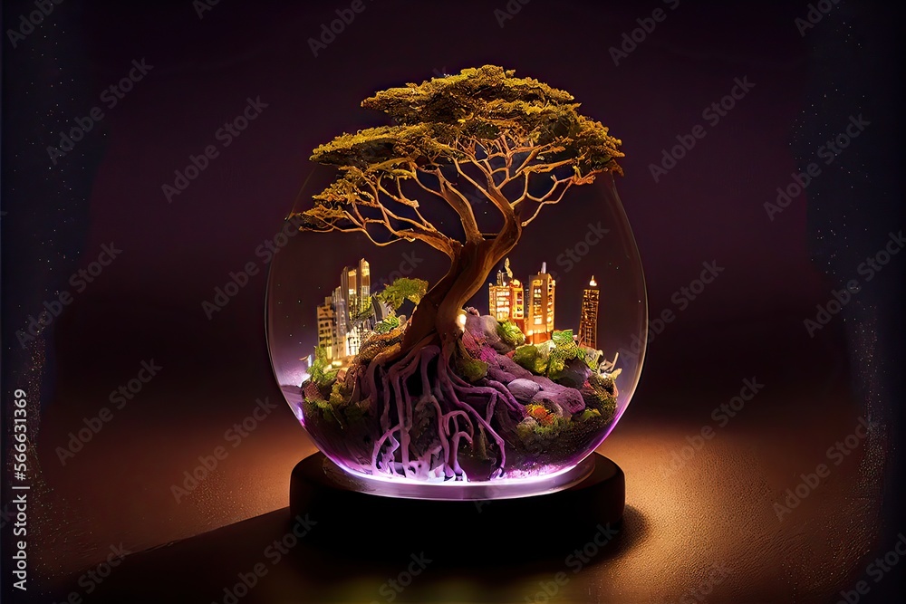 Generative AI illustration of small root over rock bonsai inside a floating glass dome, tiny ...