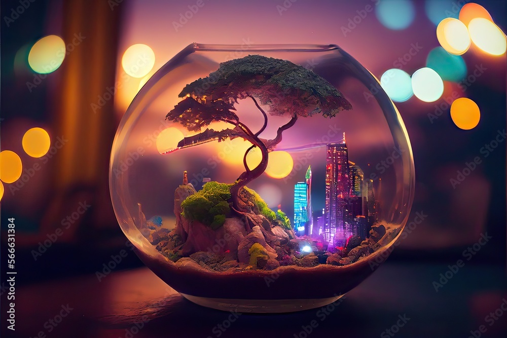 Generative AI illustration of small root over rock bonsai inside a ...