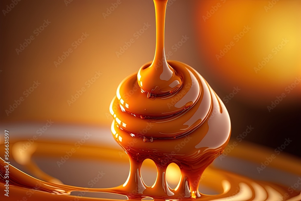 in the form of a hot, sugary liquid syrup blurred caramel sauce flowing ...