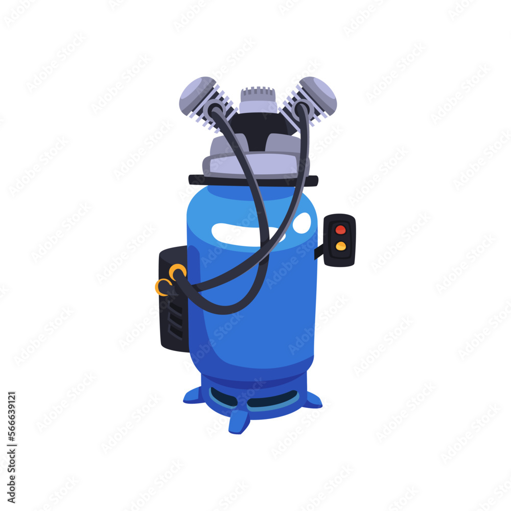 Tall blue air compressor. Vector illustration of pneumatic equipment ...