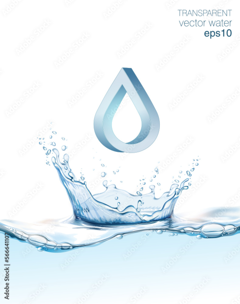 Transparent realistic vector water splash and drop on blue background ...