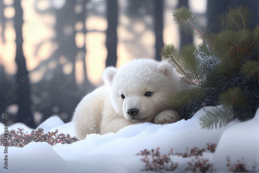Polar bear baby sitting on the snow. Forest trees background. AI ...