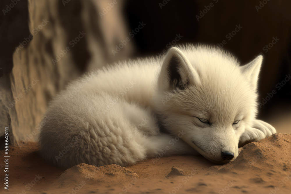 White baby wolf. sleeiping. Arctic wolf cub on nature background. AI generative Stock ...