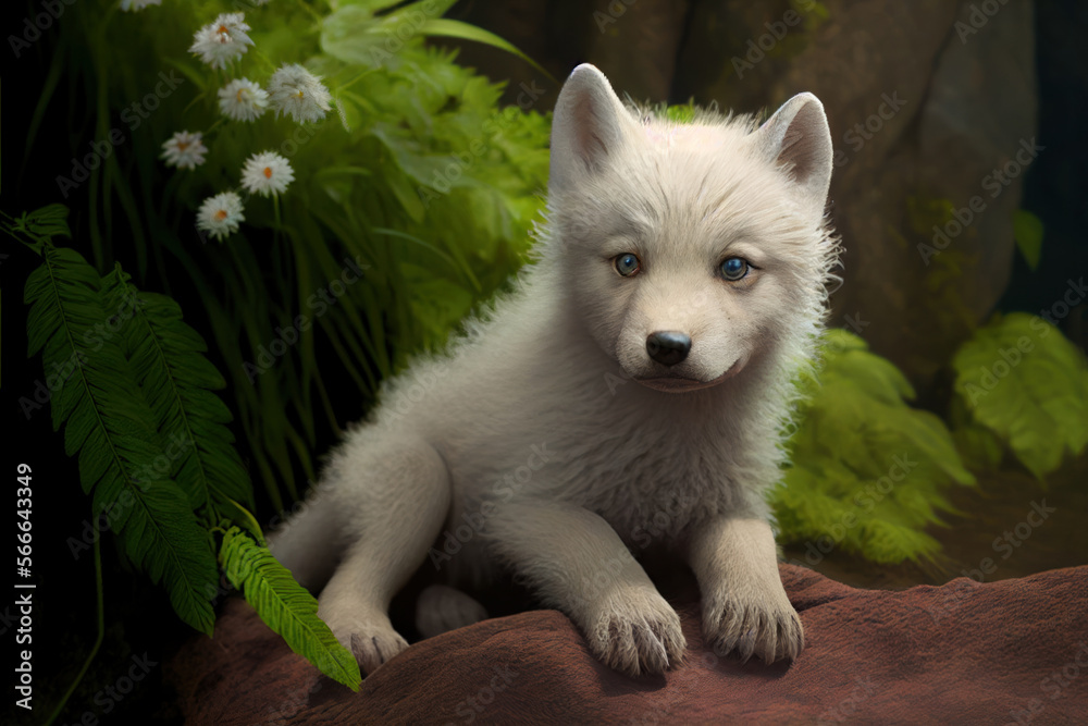 Portrait of a white baby wolf. Arctic wolf cub on nature background. AI ...