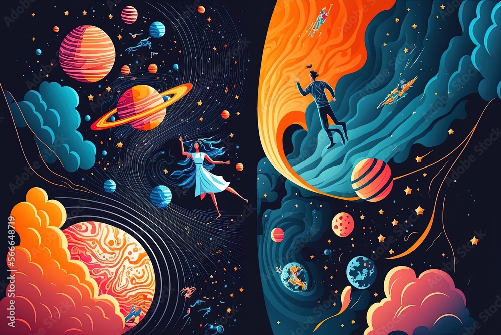 Cosmos psychedelic banners featuring spacefaring humans in a cartoon ...