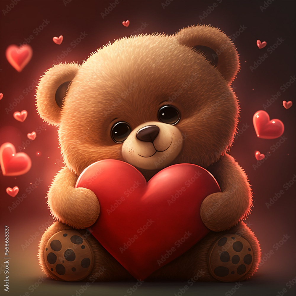 Cute Teddy Bear Hugging A Big Red Heart Valentines Day Concept Post Produced Generative Ai