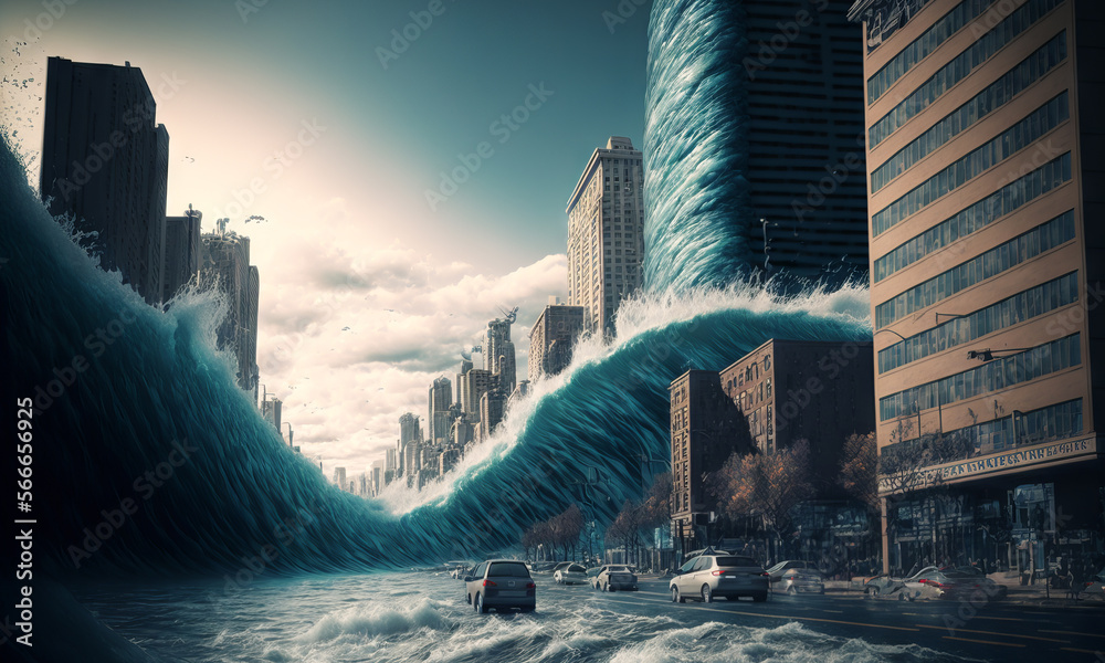 Huge tsunami destroying a city. Dramatic scenery with a big wave ...
