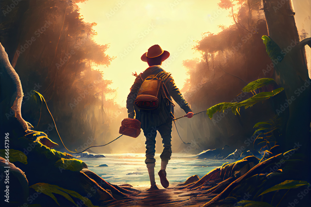 Adventure art with man wearing hat going to the another adventure ...