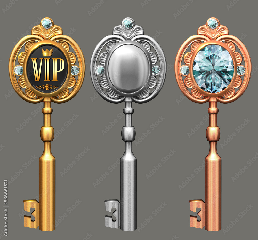 3D illustration of three vintage skeleton keys, each made from bronze ...