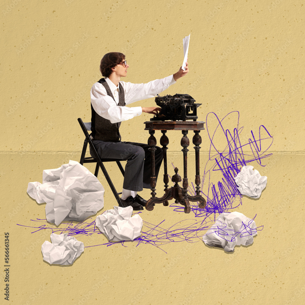 Contemporary art collage. Creative young man, writer making new story ...