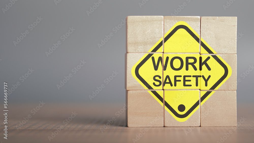 Work safety concept. Work Safety text yellow in wooden cube and copy ... Work safety concept. Work Safety text yellow in wooden cube and copy ...