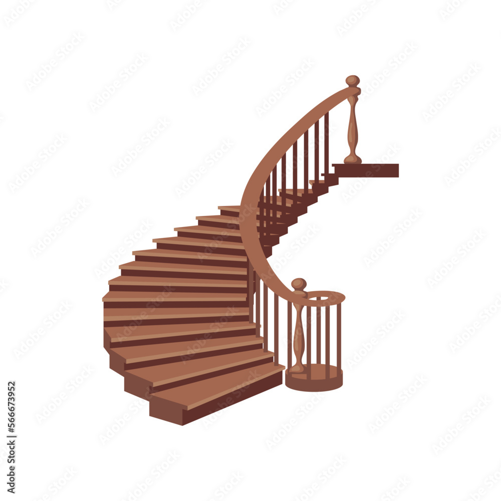 Round wooden stairs flat vector illustration. Vintage stairway for ...