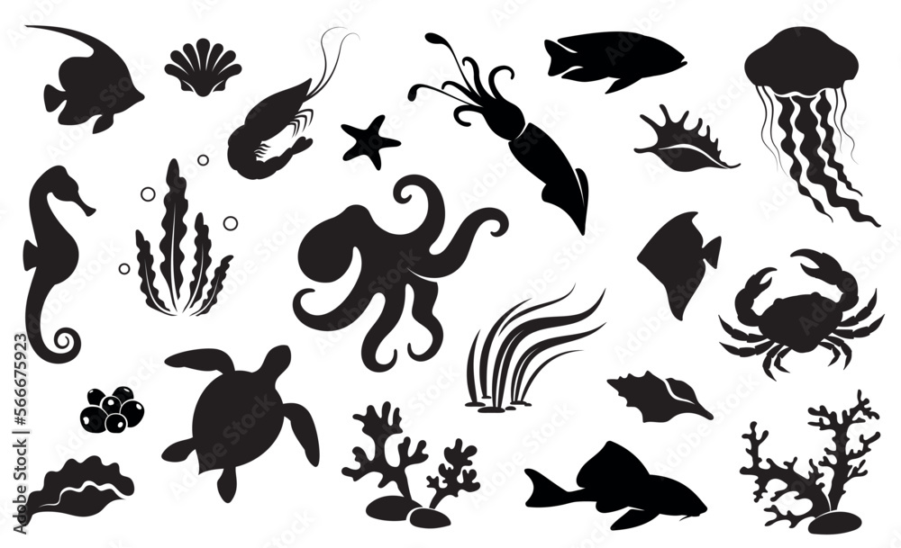 Set of sea animals and fish. Collection of sea and ocean life. Isolated ...