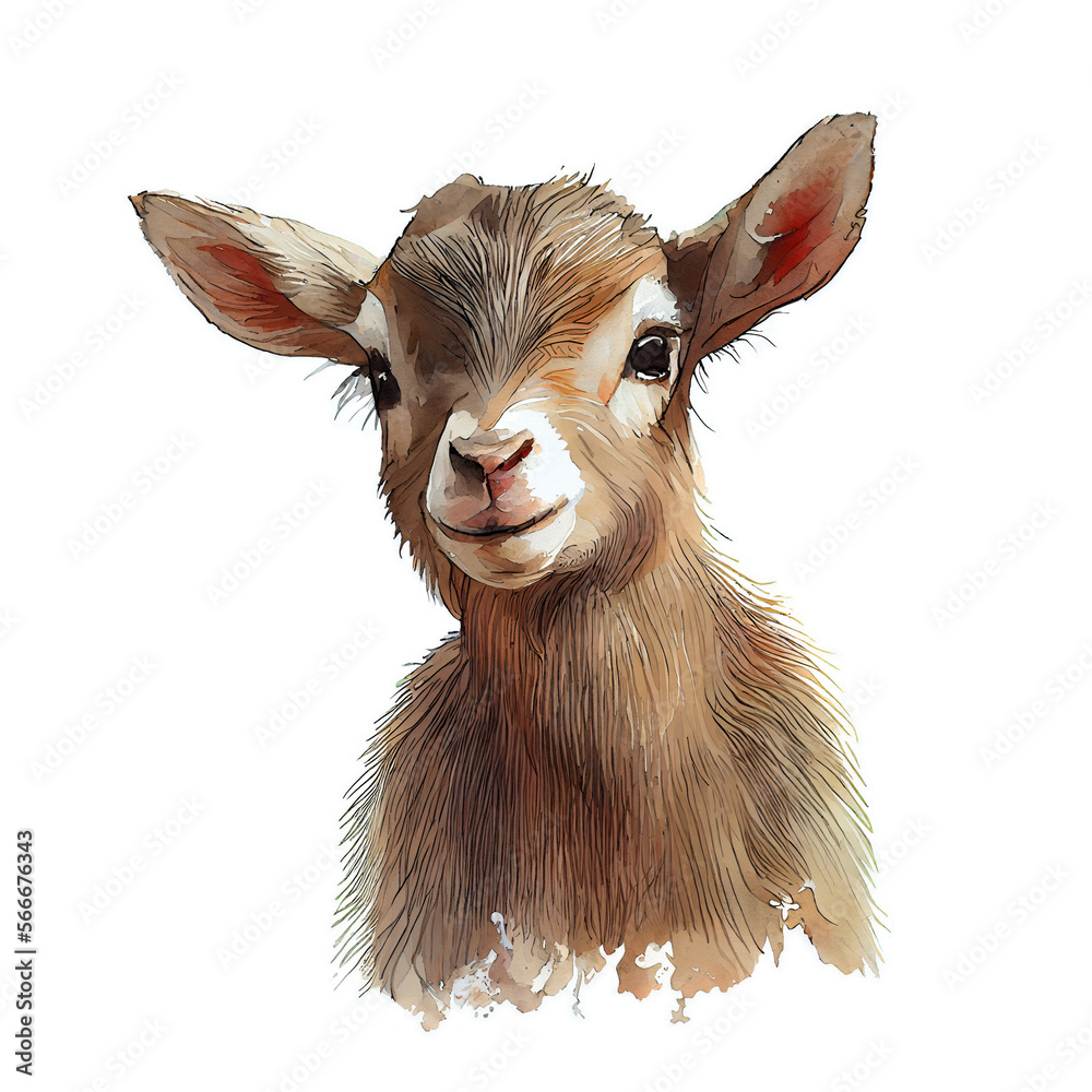 Cute baby goat in brown colors. Watercolor illustration created with ...