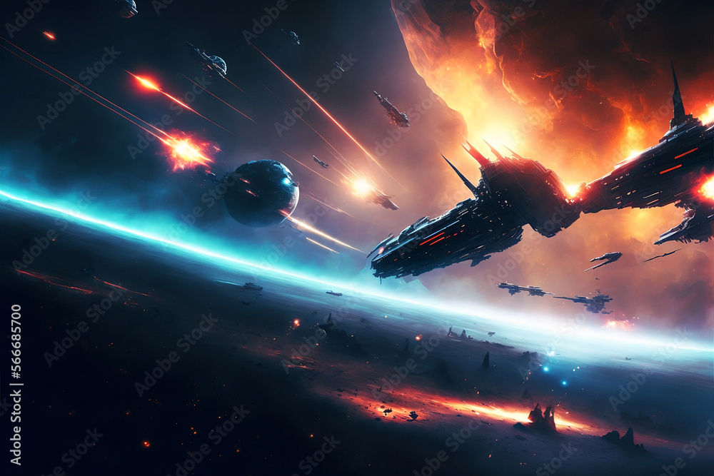 Large alien space battle featuring large spaceships and alien planets ...