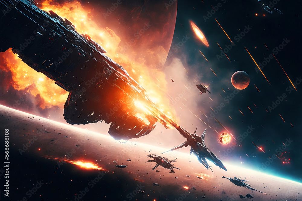 Large alien space battle featuring large spaceships and alien planets ...