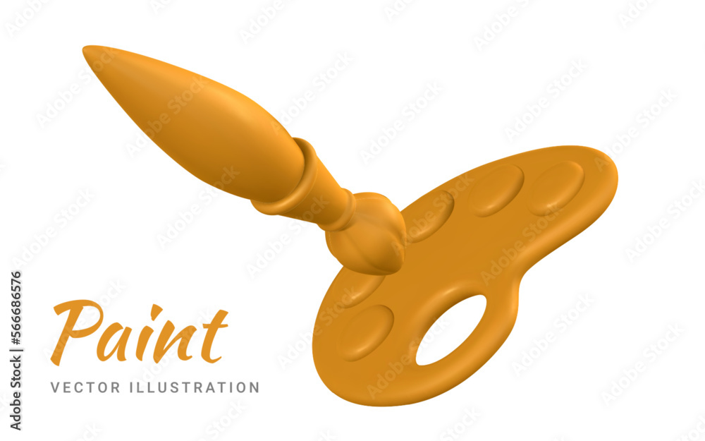 3d realistic palette with paints and brush in cartoon style. Vector ...