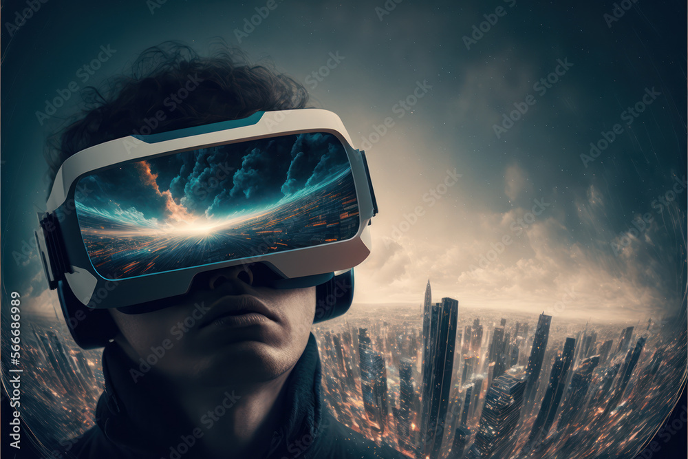 Person wearing virtual / augmented reality headset, immersion into ...