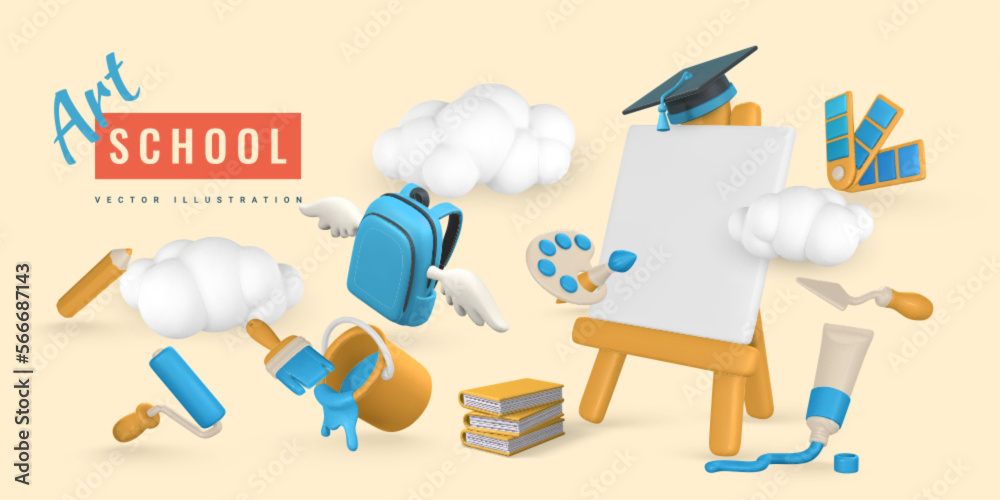 Art school concept. 3d realistic easel, paint tube, brush, roller brash ...