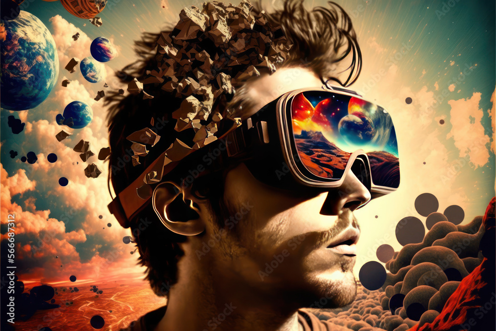 Person wearing virtual / augmented reality headset, immersion into ...