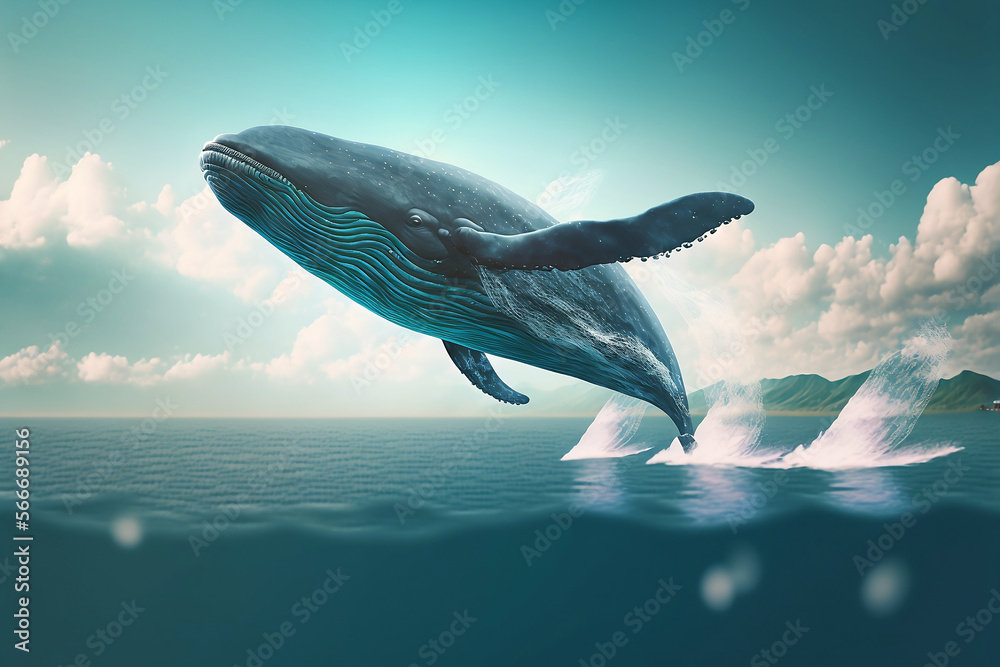 Blue whale swimming in ocean and flying on the air near water surface ...