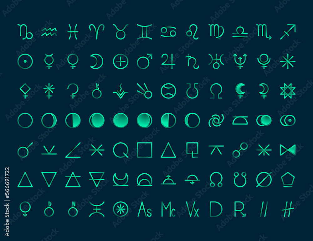 Zodiac, astrology elements, solar system, moon phases horoscope thin ...