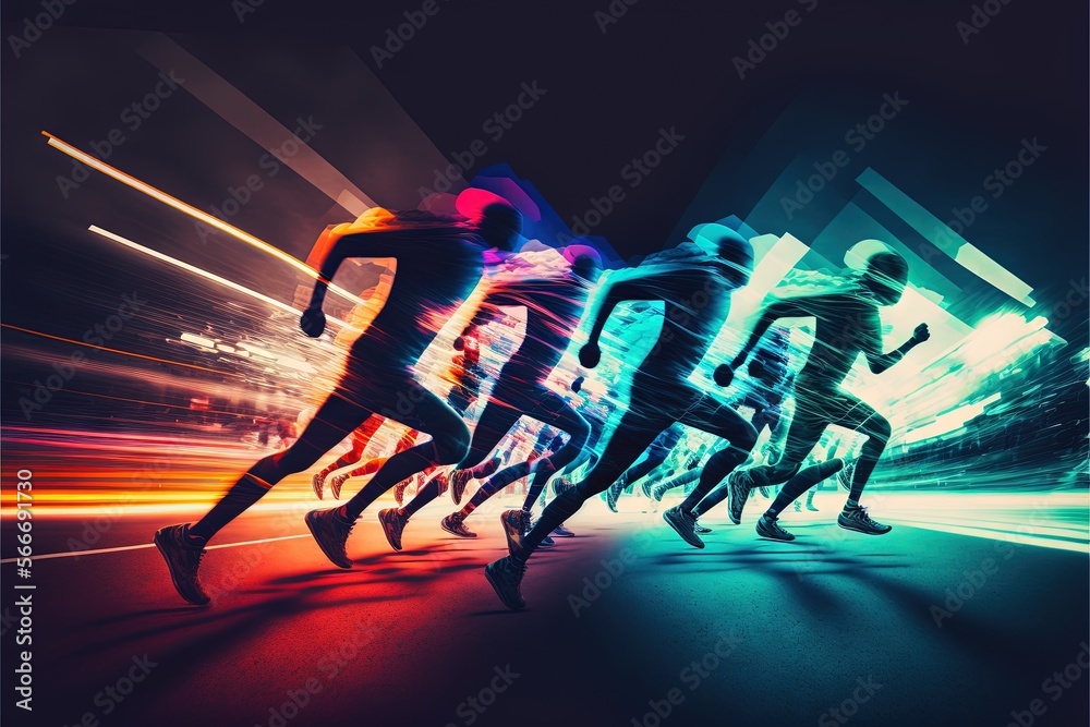a group of people running in a race with bright lights behind them and ...