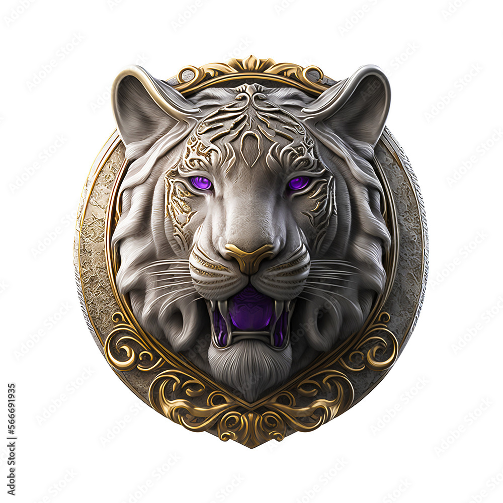 A Silver and gold metal tiger head metal emblem. 3D style tiger metal ...