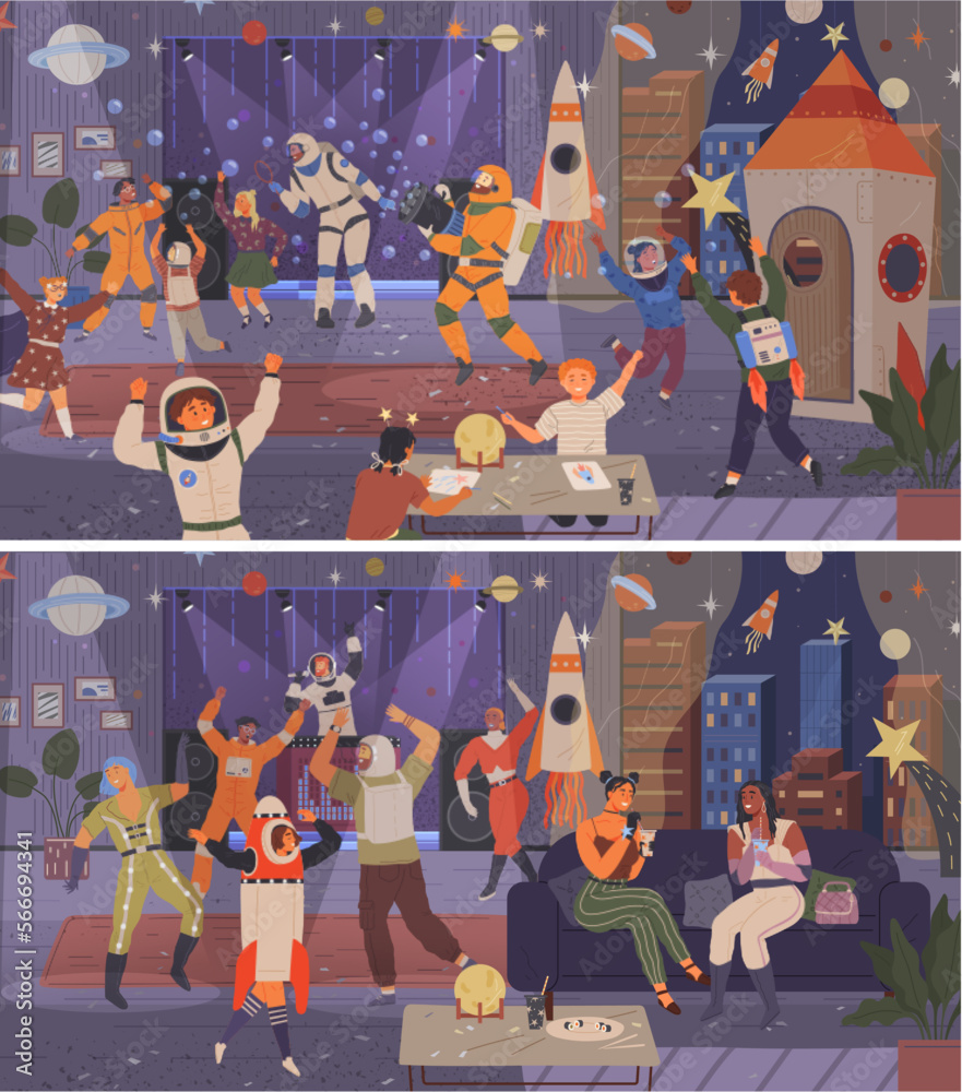 Animators at birthday party in cosmic style. Theme party in costumes ...