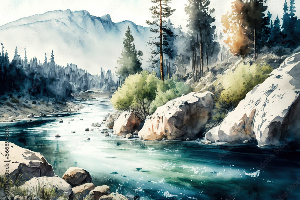Digital watercolor painting of a river. 4k Wallpaper, background Stock ...