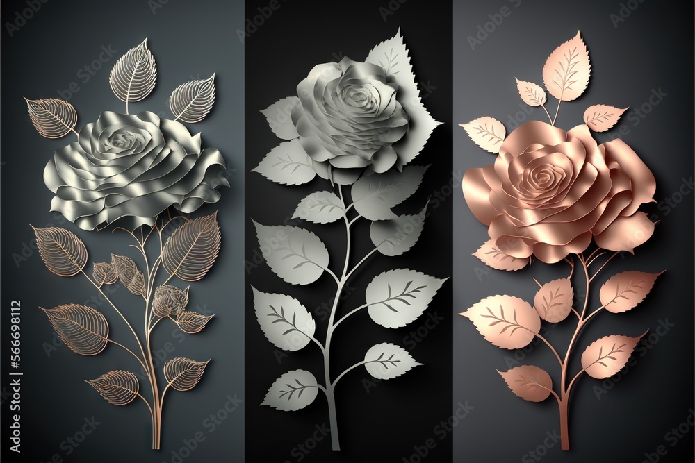three different types of metal flowers on a black and white background ...