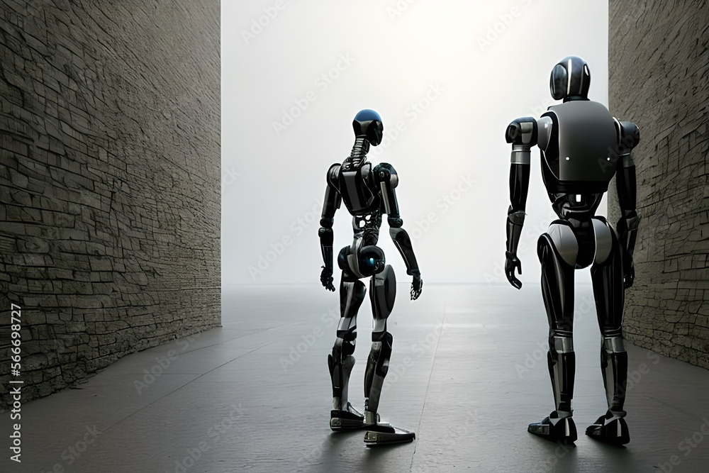 two futuristic robot figures, in front of a gate, looking straight ...