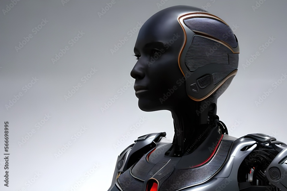 3d render sci-fi female black robot, cyborg, looking to the side, light ...