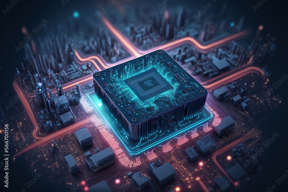 A Computer Processor With A Blue Light On Top Of It In A Cityscape With ...