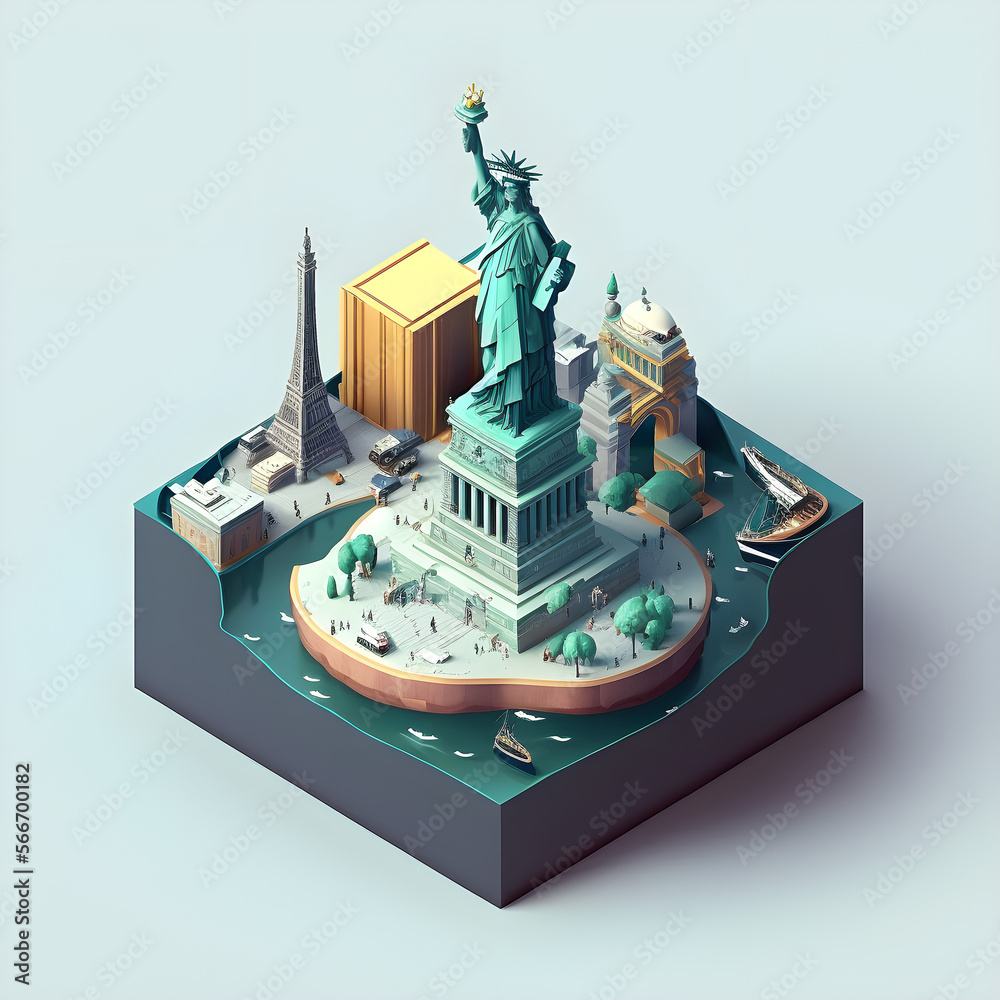 Isometric box of little New York, Statue of Liberty in center, 3d ...