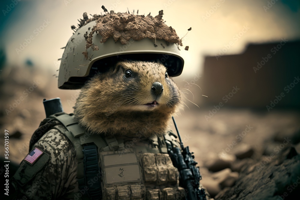 Portrait of a ground hog in a demolition military outfit, generative ai ...