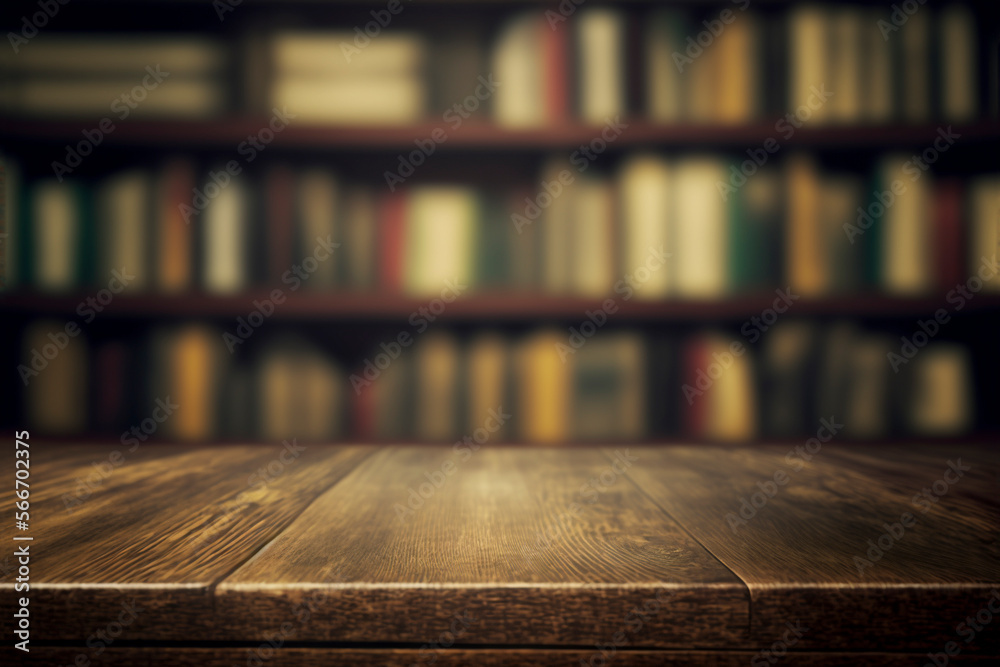 Wooden table in front of library background created with generative Ai ...