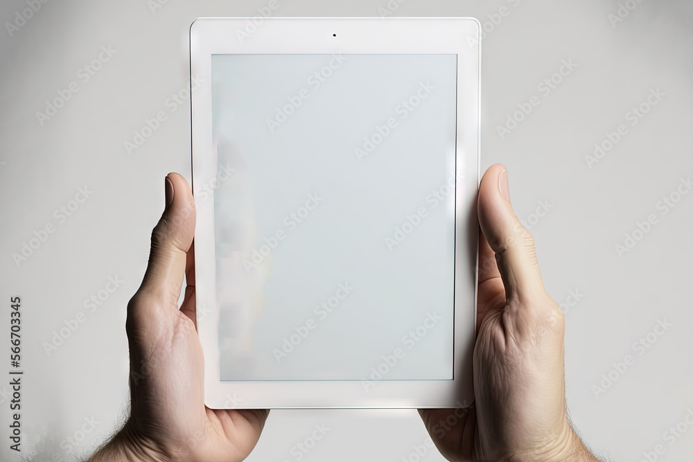 Illustrazione Stock two hands holding a tablet with a white screen ...